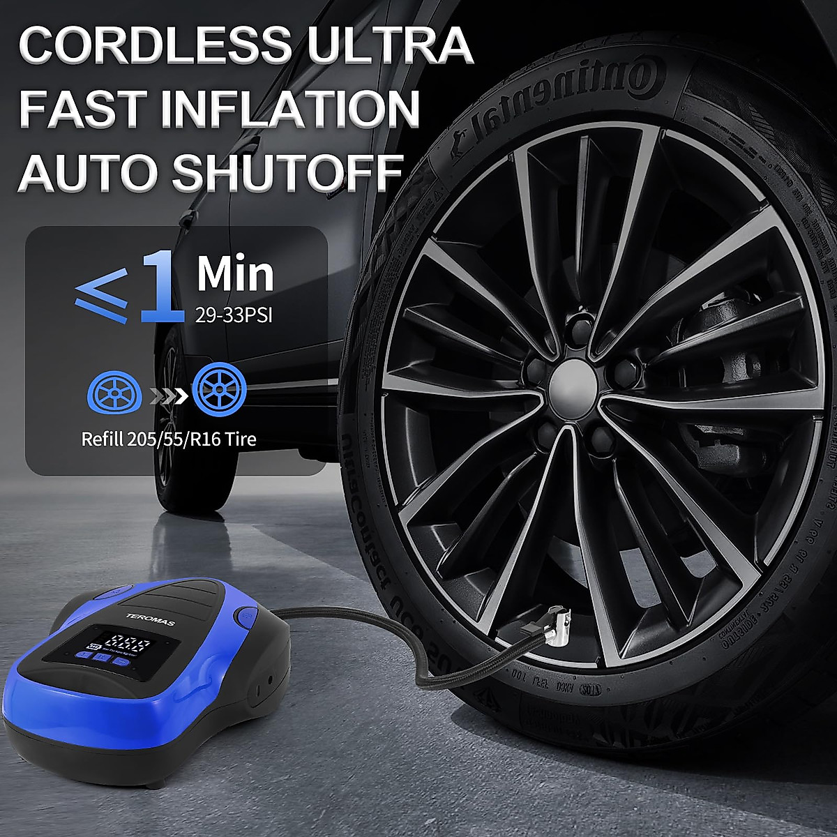 TEROMAS Tire Inflator Portable Air Compressor, Cordless Air Pump for Car Tires and Other Inflatables, Rechargeable Digital Electric Tire Pump with Pressure Gauge