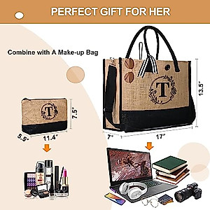 BeeGreen Jute Tote Bag with Makeup Bag - Large Summer Beach Bag with Pocket and Adjustable Strap - Personalized Birthday Gifts for Women, Mom, Teacher, Friends and Her. Embroidery F