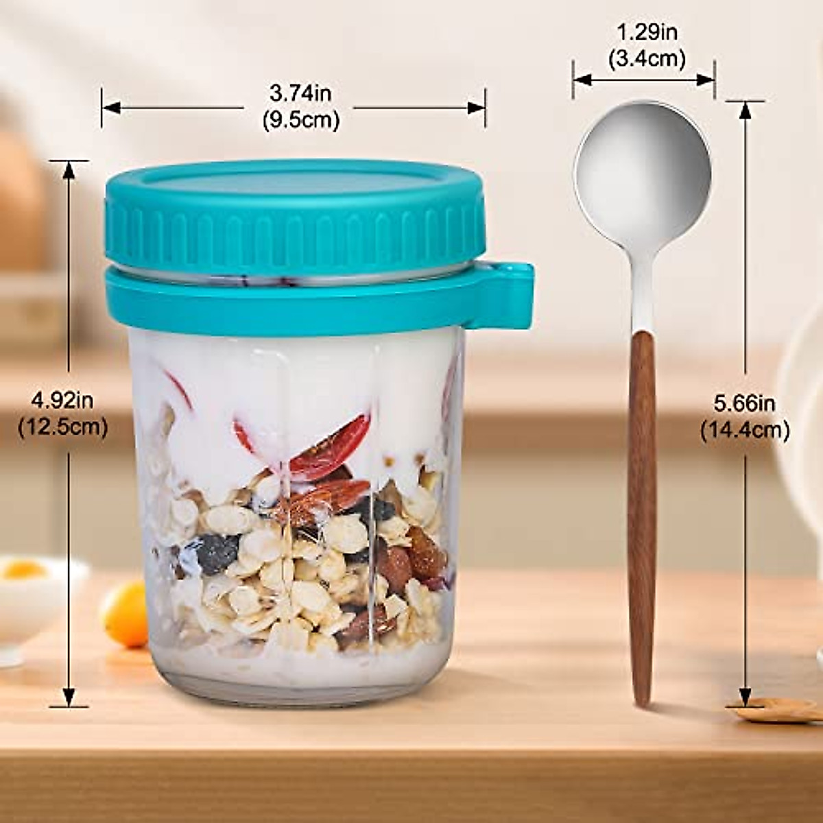 Overnight Oats Jars with Lid and Spoon Set of 2，10 oz Multiple Use Large Capacity Airtight Seal Oatmeal Container with Measurement Marks, Mason Jars with Lid, Grey and Turquoise