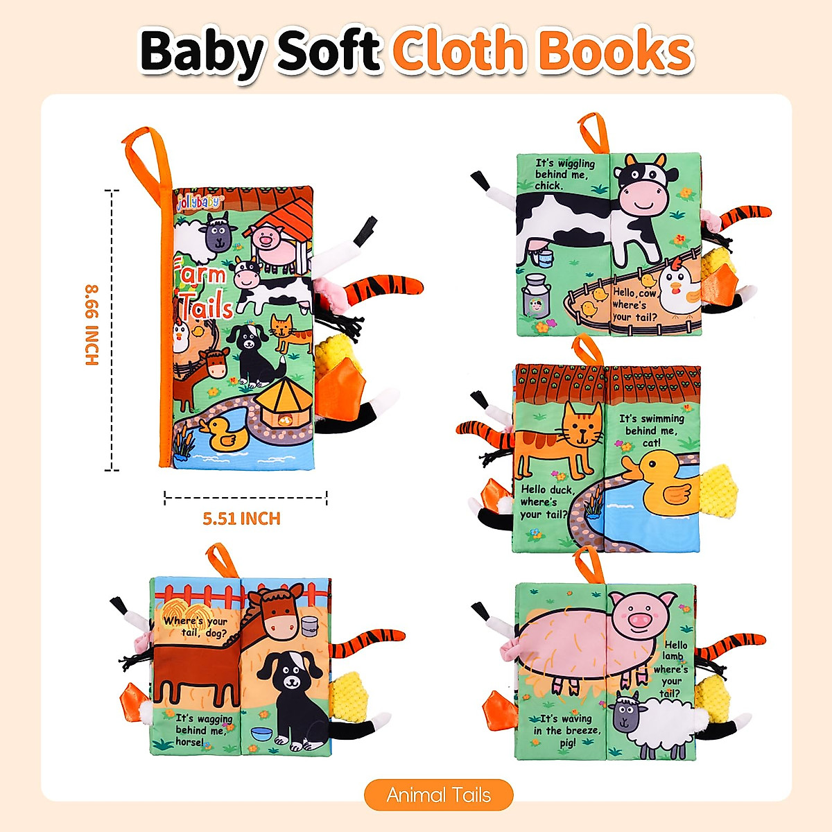 Jollybaby Baby Cloth Books, Touch & Feel Crinkle Soft Books, for Infants Babies, Toddler Early Educational Interactive Stroller Toys, Baby Girl & Boy Gift(Farm Tails)