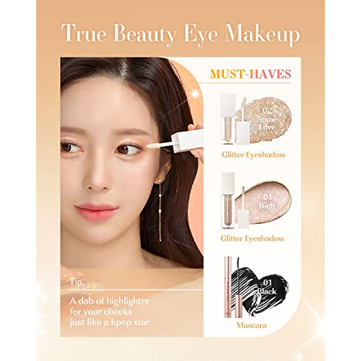 AMTS Webtoon True Beauty - 02 Some Sweet Glitter | Liquid Pink Gold Chunky Glitter Eyeshadow | Highlighter, K-Drama Korean Makeup, Highly Pigmented, Long Lasting Shimmer (Some Sweet)