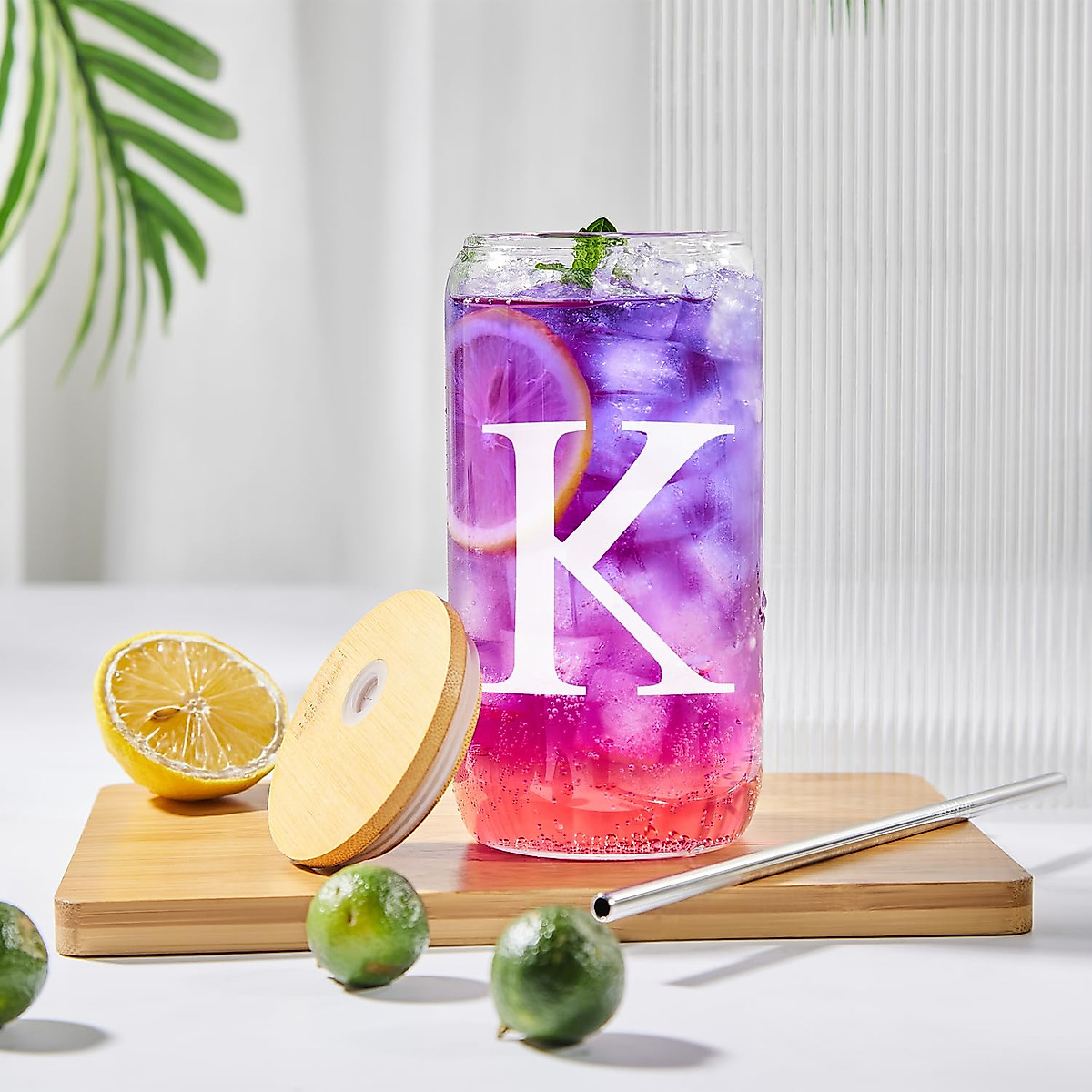 Elysine Initial Glass Cup 16oz, Monogrammed Gifts for Women, Glass Can Cup w/Bamboo Lid Straw,Personalized Valentines Mother Day Birthday Gifts for Women, Mom, Wife, Girlfriend, Sister, Friends (K)