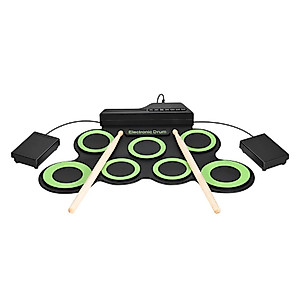LokFy Electronic Drum Set Roll Up Drum Pad Portable, with Headphone Jack, Foot Pedals and Drum Sticks, Gift for Beginner (Green)