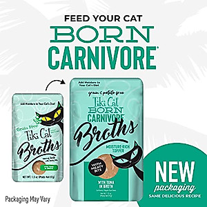 Tiki Cat Born Carnivore Broths, Tuna Recipe, Hydration and Flavor Supplement Cat Food Topper, 1.3 oz. Pouch (Pack of 12)