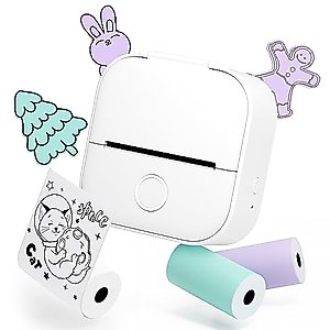 Memoqueen Mini Sticker Printer with 3 Rolls Paper T02 Mini Portable Thermal Printer,Sticker Maker Machine for Study, Brithday Gift, Journal, Work, Children DIY, Compatible with Phone & Tablet, White