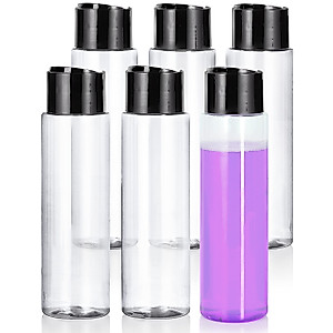 JUVITUS 12 oz Professional Clear Cylinder PET Plastic Bottles Wide Black Disc Cap (6 Pack) BPA Free Refillable Empty Storage Containers