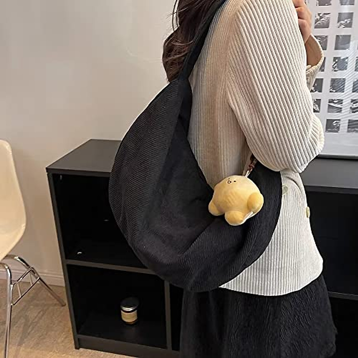 Mudono Hobo Bag for Girls Corduroy Shoulder Bag Large Capacity Crossbody Purse Lightweight Crescent Satchel with Cute Pendant