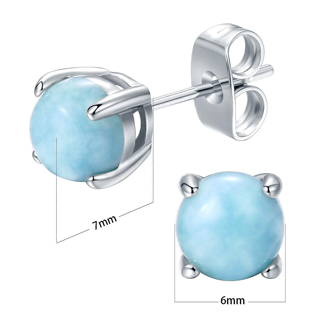 Exquisite 925 Sterling Silver Larimar Stud Earrings GEMSME 925 Sterling Silver Round Larimar Stud Earrings Hypoallergenic Jewelry for Women