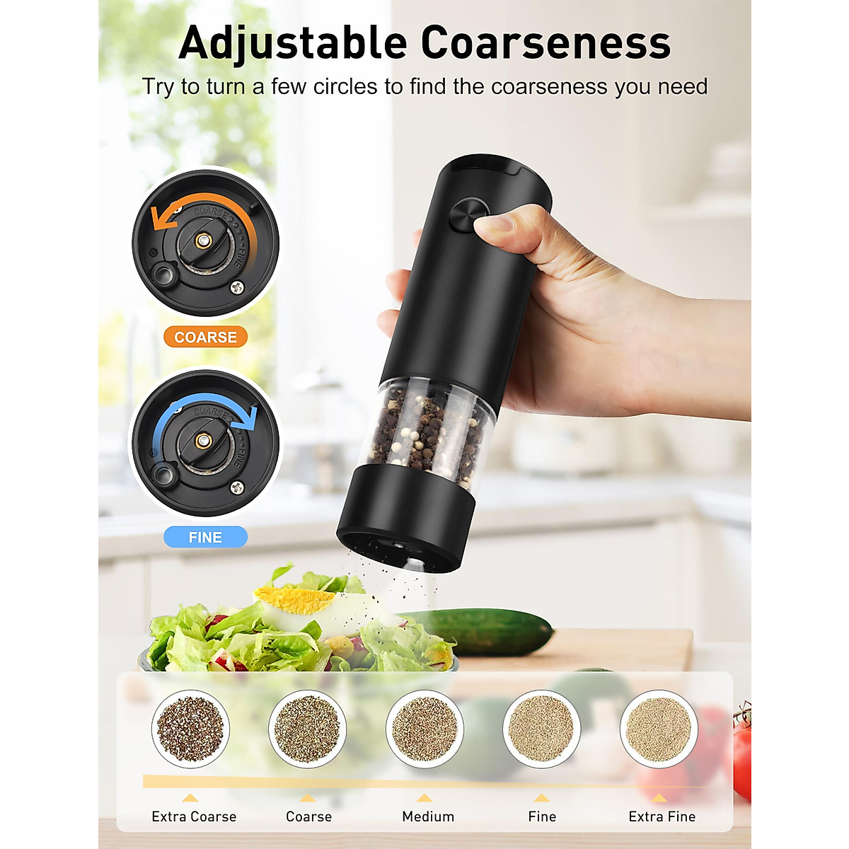 Electric Pepper Grinder or Salt Mill, Battery Powered Automatic Pepper Mill, Ceramic Grinder with Adjustable Coarseness, LED Light, and Salt Mill Refillable, One Hand Operation