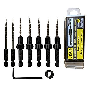 JNB Pro Wood Countersink Drill Bit Set JP0506, 5 Pc #6(9/64"), 2 Extra Bits 9/64 Tapered Drill Bit, 1 Adjustable Collar, 1 Wrench - 1/4" Quick Change Shank, Ideal Woodworking and Carpentry Tool Set