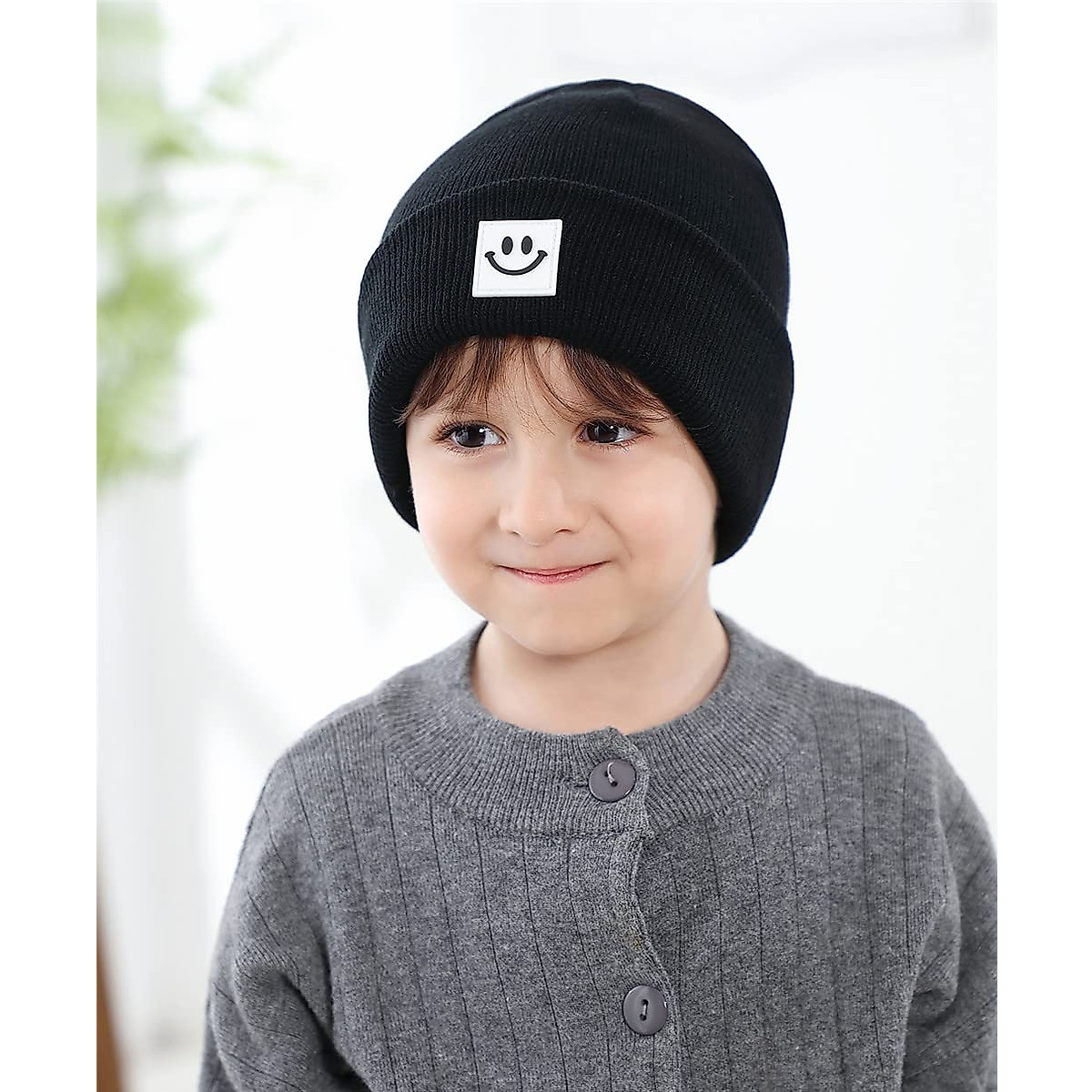upeilxd Baby Winter Hat Soft Warm Knitted Beanie Hat with Cute Smile Face Beanie Cap for Boys Girls Black/Beige