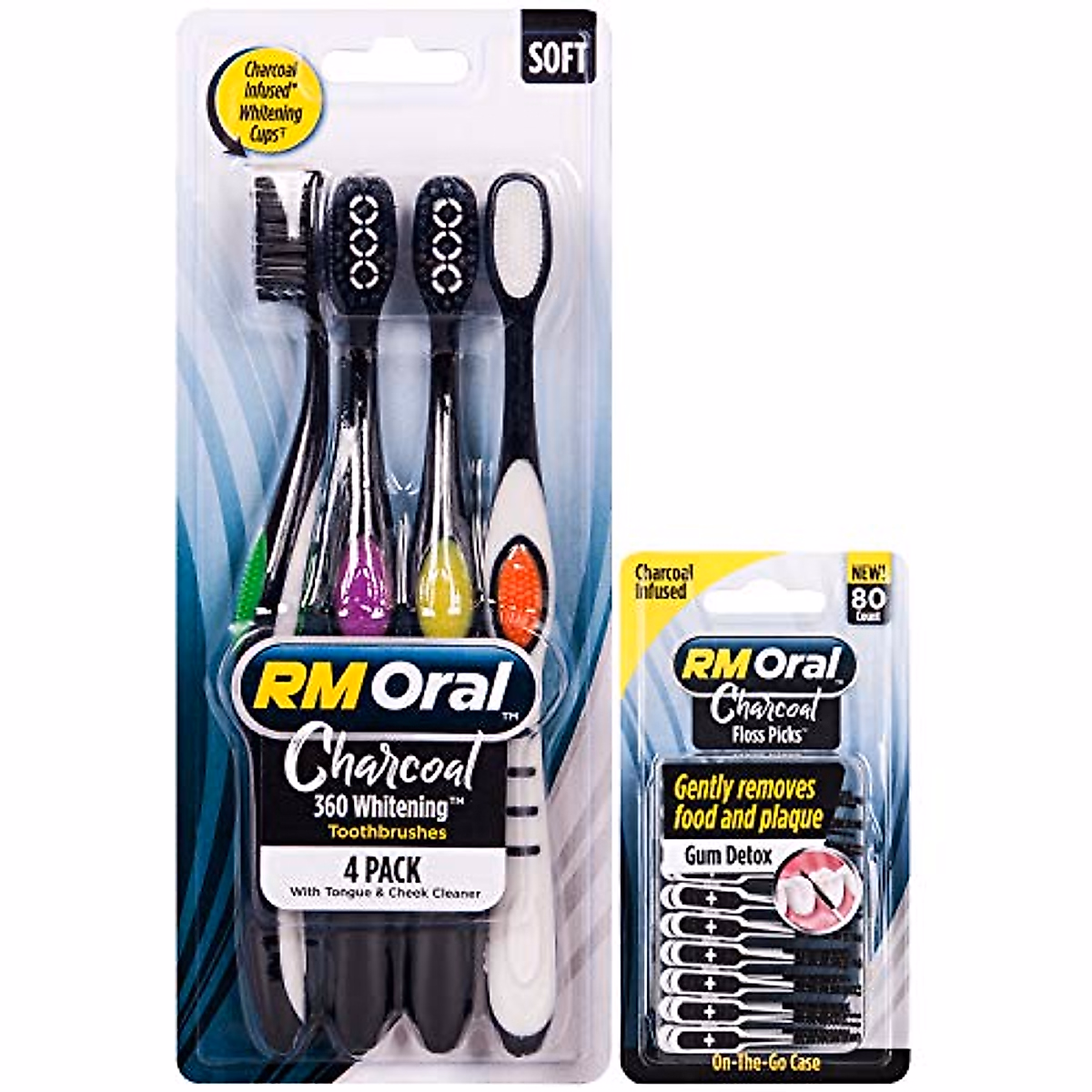 RM Oral Charcoal Whitening Soft Brushes 4ct with 80 Count Charcoal Floss Picks
