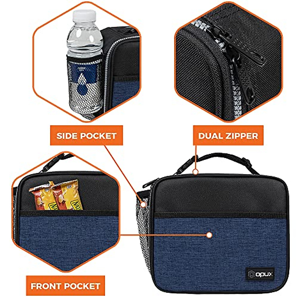 OPUX Insulated Lunch Box for Kids, Boys, Girls | Soft Leakproof Lunch Bag for Men Women | Reusable Durable Thermal Lunch Pail for School Work Office | Fit 6 Cans (Navy)