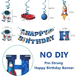 Kids Space Birthday Party Decorations - Blue Astronaut Spaceship Theme Happy Birthday Banner Hanging Solar System Spiral Planet Card Children's Gifts Cake Insert Supplies Set