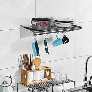 HALLY Stainless Steel Shelf Pot Rack with 9 S Hooks 12" x 62" Wall Mounted, NSF Commercial Floating Shelving for Storage Hanging Pots, Pans, cookware in Restaurant, Kitchen, Home and Hotel