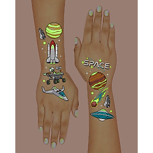 xo, Fetti Space + Planets Glow in Dark Temporary Tattoos for Kids - 50 pcs | Alien Birthday Party Supplies, Astronaut Favors + Rocket ship Decorations