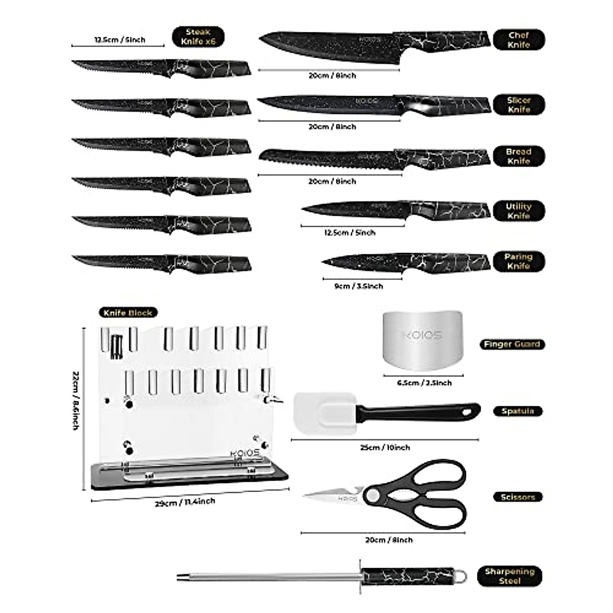 Knife Set, 16 Pcs Kitchen Knife Set, Sharp Stainless Steel Chef Knife Set with Acrylic Stand, Nonstick Knife Sets for Kitchen with Block - 6 Serrated Steak Knives, Scissors, Sharpening Steel, Black