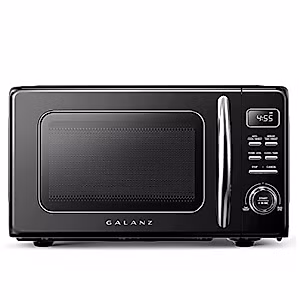 Galanz GLCMKZ09BKR09 Retro Countertop Microwave Oven with Auto Cook & Reheat, Defrost, Quick Start Functions, Easy Clean with Glass Turntable, Pull Handle, 0.9 cu ft, Black