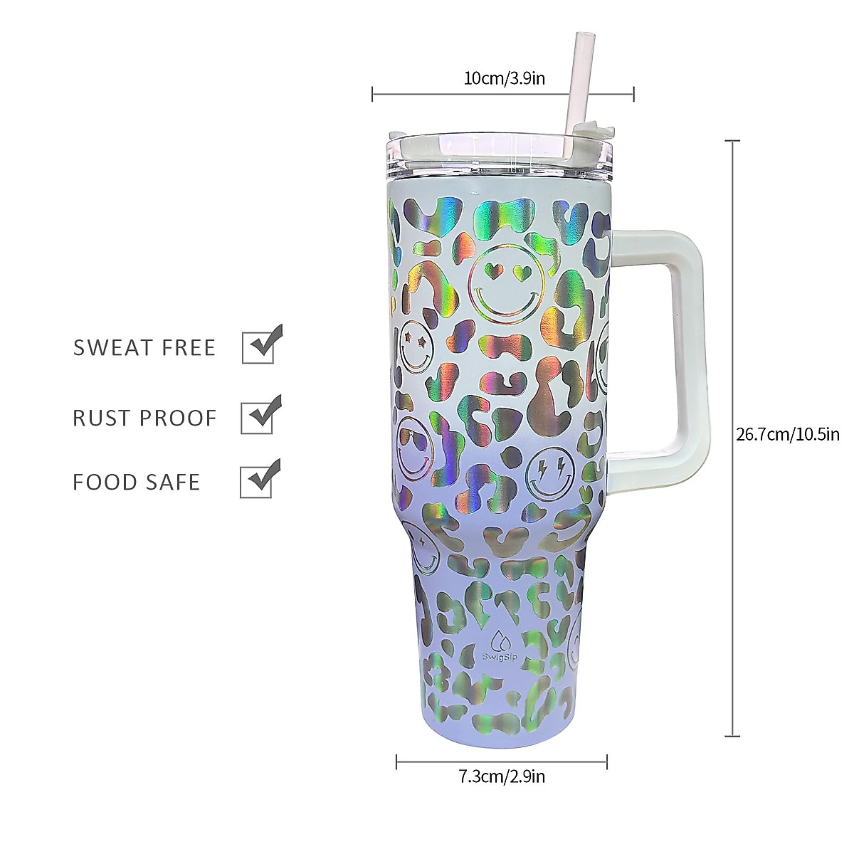 Swig Sip 40oz Leopard Tumbler - Double Wall Stainless Steel Dishwasher Safe Vacuum Insulated Travel Tumblers with Handle & Straw (White Purple)