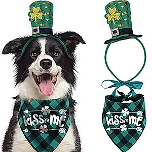 St Patrick's Day Hat for Dogs and Buffalo Plaid St. Patty's Green Dog Bandana