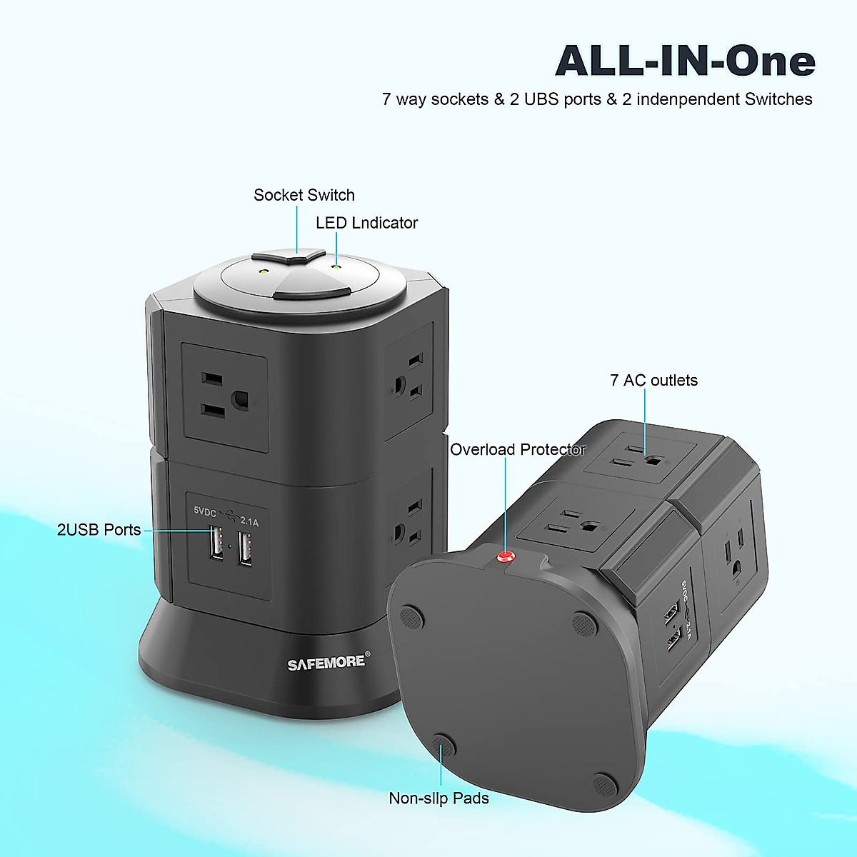 Power Strip Tower Surge Protector,7 AC Outlets with 2 USB Ports,6.5 Ft Extension Cord, Desk Power Outlet for Home Office(Black)