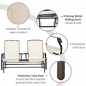 Outsunny Outdoor Glider Bench with Center Table, Metal Frame Patio Loveseat with Breathable Mesh Fabric and Armrests for Backyard Garden Porch, Beige