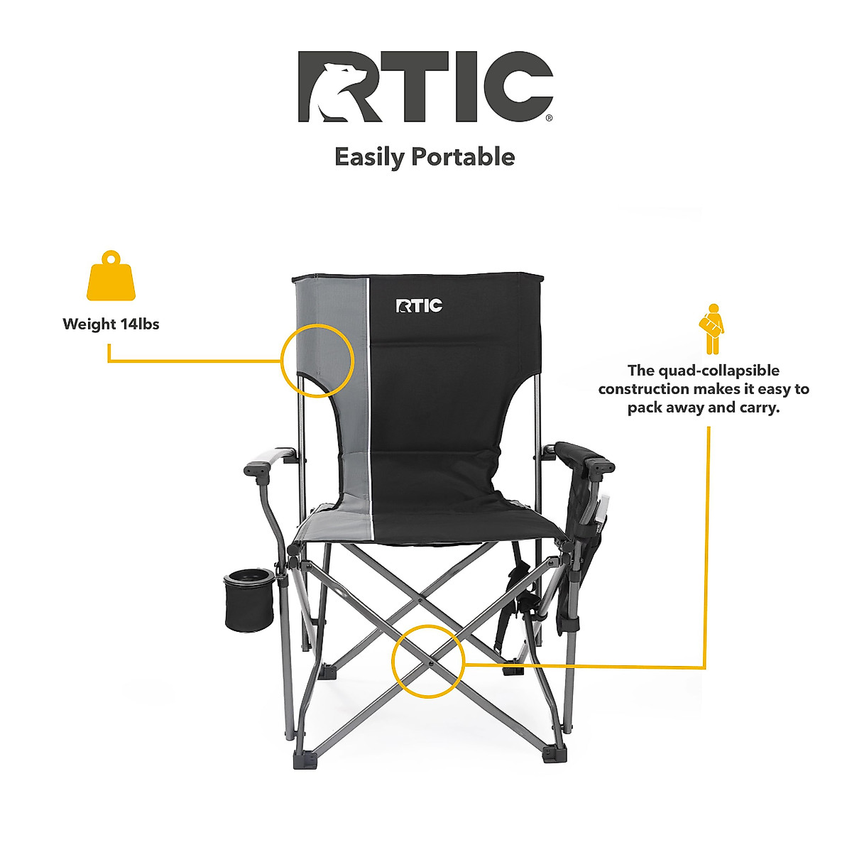 RTIC Ultra-Tough Chair Portable Folding for Camping, Outdoor, Fishing, Beach, with Arm Rest and Cup Holder, Folds Quickly for Easy Storage in a Carry Bag, Black
