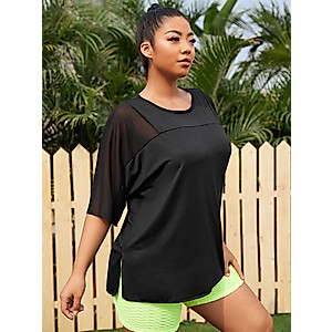 MakeMeChic Women's Plus Size Athletic Shirts Casual Letter Graphic Short Sleeve Round Neck Split Workout Sports Tee Tops Black B 4XL