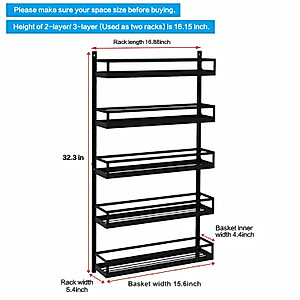 X-cosrack Wall Mount Spice Rack Organizer 5 Tier Height-Adjustable Hanging Spice Shelf Storage for Kitchen Pantry Cabinet Door, Dual-Use Seasoning Holder Rack with Hooks, Black-Patented