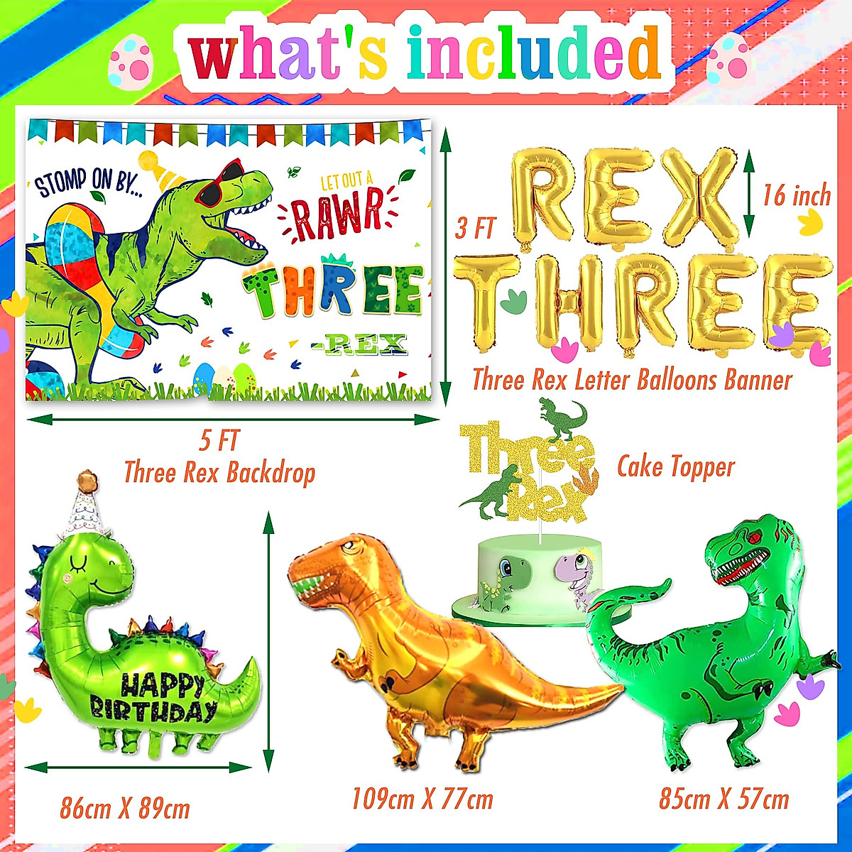 Three Rex Birthday Party Decorations Boy, Dinosaur 3rd Birthday Party Decorations Supplies,3 Rex Birthday Party with 3 Rex Birthday Backdrop Dinosaur Balloons Kit for 3rd Birthday Decorations for Boys
