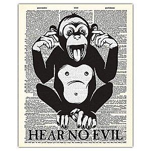 3 Wise Monkeys Dictionary Wall Art Prints: Unique Room Decor for Boys, Men, Girls & Women - Set of Three (8x10) Unframed Pictures - Great Gift Idea