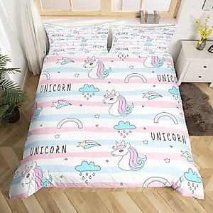Feelyou Cute Unicorn Bedding Set Twin Size Pink Blue Stripe Duvet Cover for Kids Boys Girls Teens Rainbow Cloud Comforter Cover Set Kawaii Bedspread Cover 2Pcs Zipper