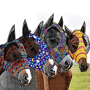 4 Pieces Horse Fly Mask with Ears Horse Supplies Face Covering Elasticity Smooth and Comfortable Horse Mask with UV Protection for Horses (Flower, Large)