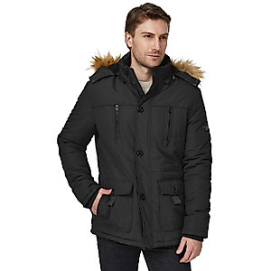 WenVen Men's Winter Coat Bubble Parka Jacket with Fur Removable Hood (Black, L)
