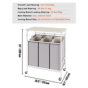 VEVOR 3-Section Laundry Sorter Cart with Ironing Board, Laundry Hamper with Heavy Duty Lockable Wheels and 3 Removable Bag, Rolling Laundry Basket Sorter for Clothes Storage