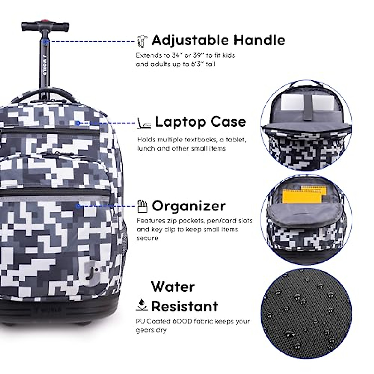 J World New York Sundance Rolling Backpack Girl Boy Roller Bookbag, CAMO, 20 Inch