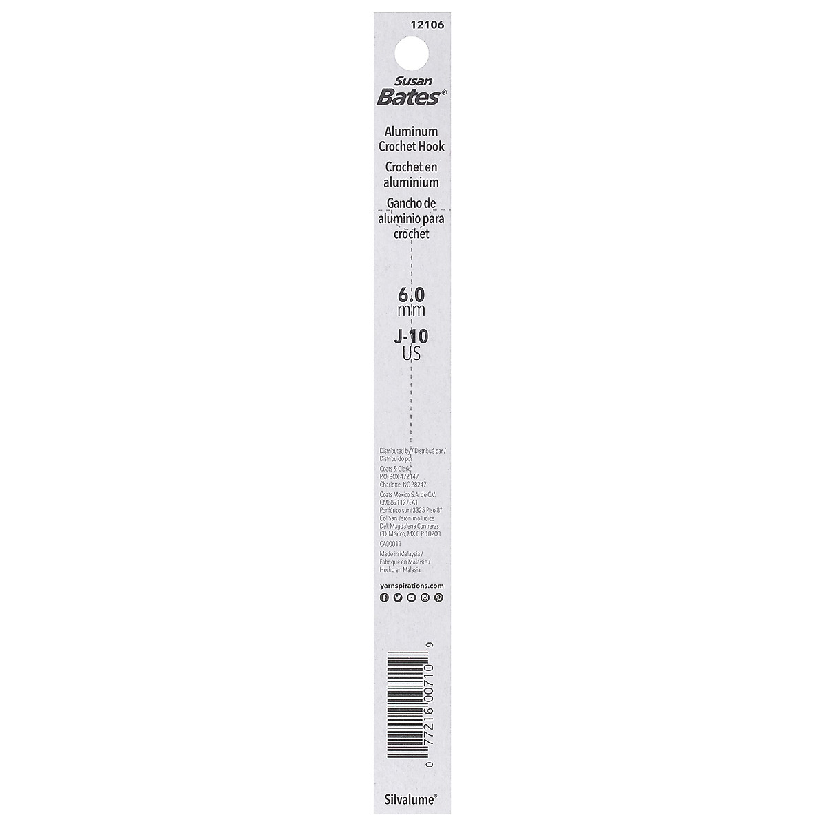 Susan Bates Silvalume Crochet Hooks 5-1/2": Size J (6mm), Light Yellow