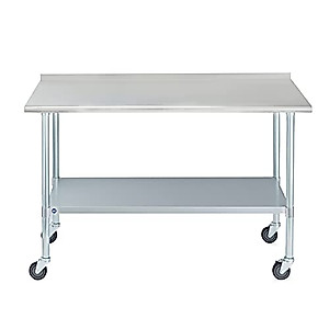 Stainless Steel Table for Prep & Work with Caster & Backsplash 30x60 Inches, NSF Metal Commercial Kitchen Heavy Duty Table with Adjustable Under Shelf and Table Foot for Restaurant, Home and Hotel