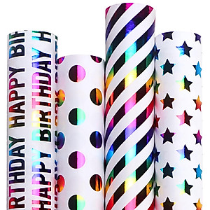 Ribbli Birthday Wrapping Paper 30 Inch Iridescent Gift Wrapping Paper 4 Rolls Happy Birthday Polka Dots Stripes Stars Printed Assortment -120 inch(10feet) Per Roll