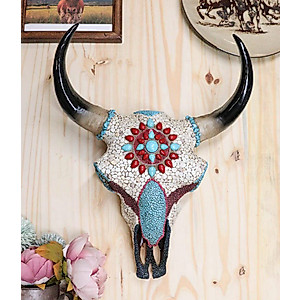 Ebros Gift 16.5" High Large Western Southwest Steer Bison Buffalo Bull Cow Skull Head with Mosaic Turquoise and Red Aztec Sun Teardrop Gems Design Wall Mount Decor Native Indian Accent Skulls