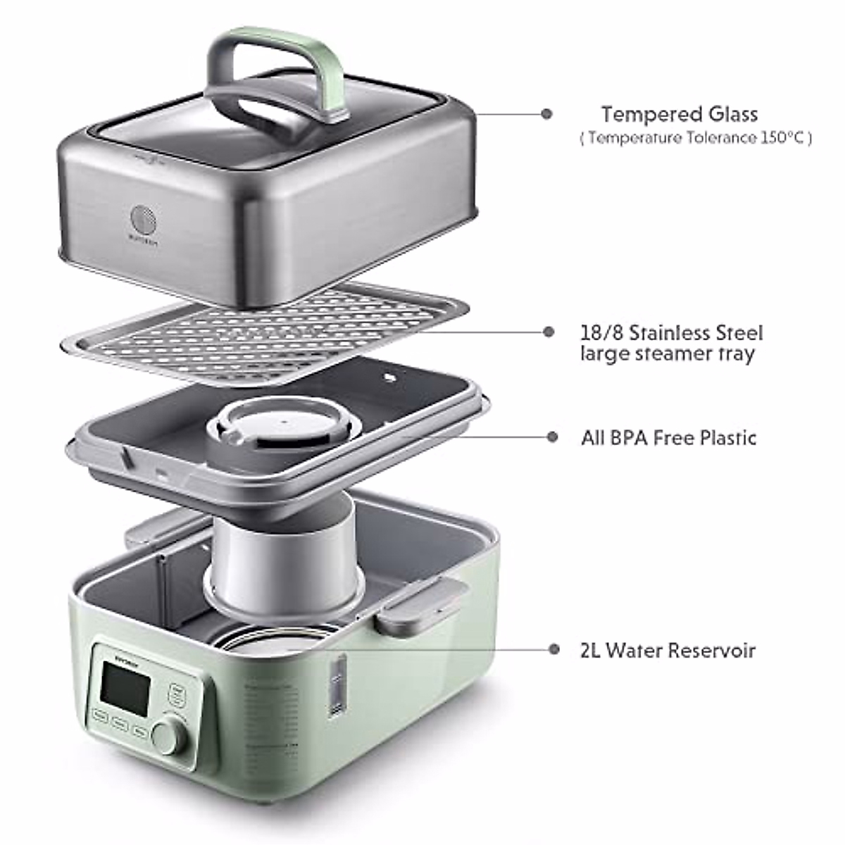 BUYDEEM G563 5-Quart Electric Food Steamer for Cooking, One Touch Vegetable Steamer, Digital Multifunctional Steamer, Quick Steam in 60s, Stainless Steel Steamer Tray & Glass Lid, Cozy Greenish, 1500W