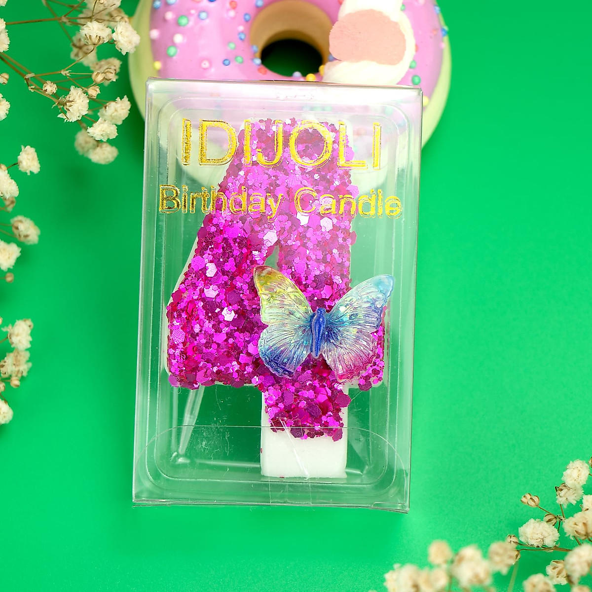 IDIJOLI Butterfly Number 4 Candles Glitter Hot Pink Birthday Candles for Cake Topper with Sequins for Anniversary Celebrations Supplies (Number 4)