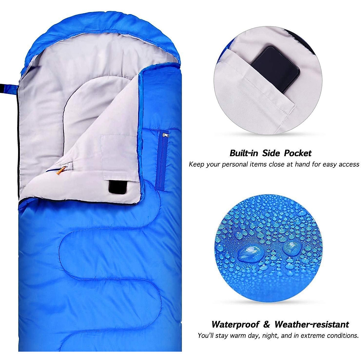 Sleeping Bag, Sportneer Wearable XL Sleeping Bags for Adults with Arm Zipper Holes Sleeping Bags Winter Cold Weather Kids Sleeping Bag for Camping Hiking Backpacking Outdoor Travel (Blue)