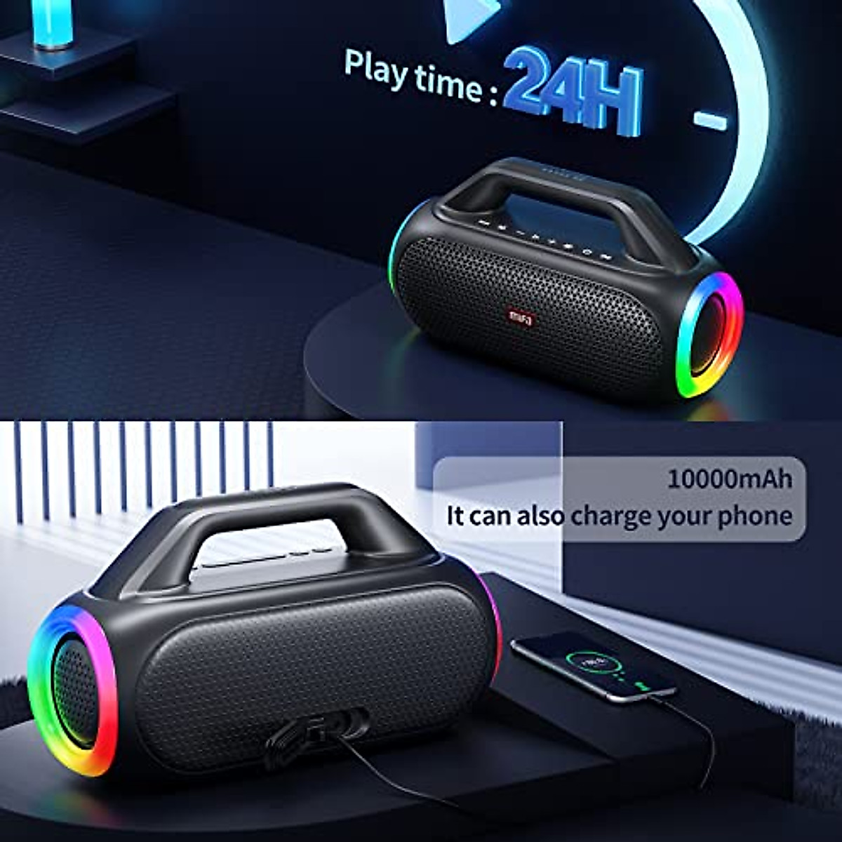 MIFA Bluetooth Speakers Portable Wireless, 60W IPX7 Waterproof Party Speaker with Loud Deep Bass,Aux Input, Micro Sd Card Supported, 24hrs Playtime,10000mAh Power Bank