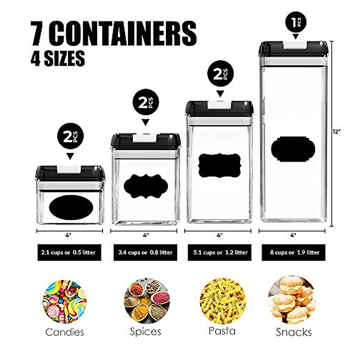 CINEYO Black & White Airtight Food Storage Containers - 7 Piece White Set & 7 Pieces Black Set For Cereal, Flour with Easy Lock Lids Include Labels and Marker