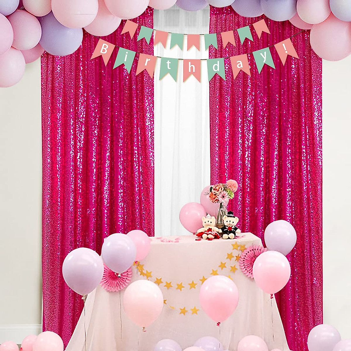 PartyDelight Hot Pink 2FT X 8FT Sparkly Sequin Backdrop Curtains, 2 Panels, for Wedding, Party, Room Decorations.