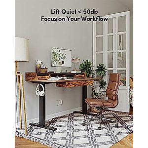 BANTI Height Adjustable Electric Standing Desk with Three Drawers, 48 x 25 Inch Table with Storage Shelf, Sit Stand Desk with Storage Space, Splice Board with Black Frame/Rustic Brown Top