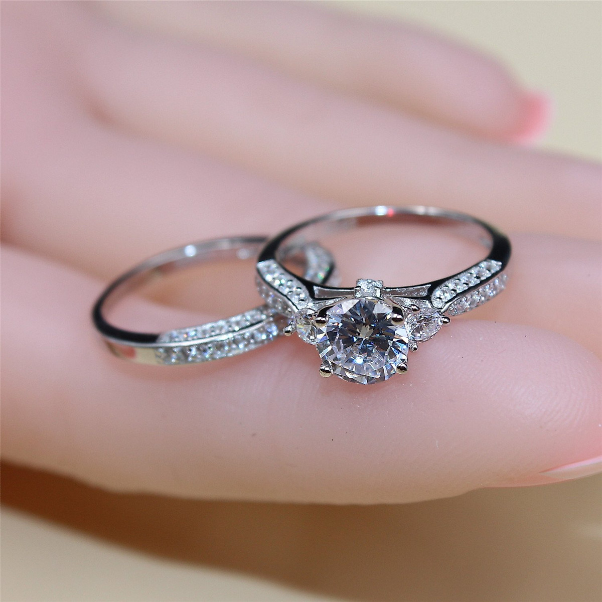 MABELLA 3 Silver Wedding Ring Set 2.3 Carats Round Cut Cubic Zirconia Gifts for Women Size 7