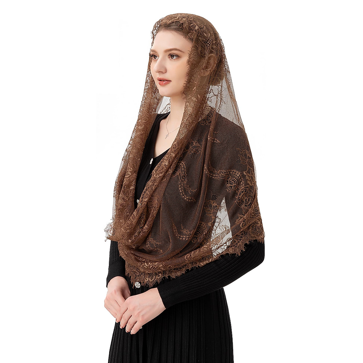 PAMOR Spanish Style Lace Traditional Vintage Inspired Infinity Shape Mantilla Veil Latin Mass Head Covering (Brown)