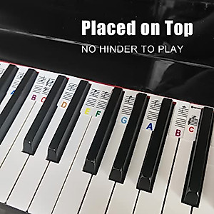 Removable Piano Keyboard Note Labels, Piano Notes Guide for Beginner，Piano Key Music Notes Letter Label，88-key full-size， Made of Silicone No Need Stickers， reusable（Rainbow colors)